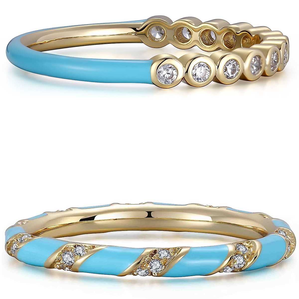BLOSSOM & HUE Turquoise Ring Stacker Set | Size 7 | Two Tone CZ & Enamel Stacking Band | Set of 2 |Stackable Half Eternity