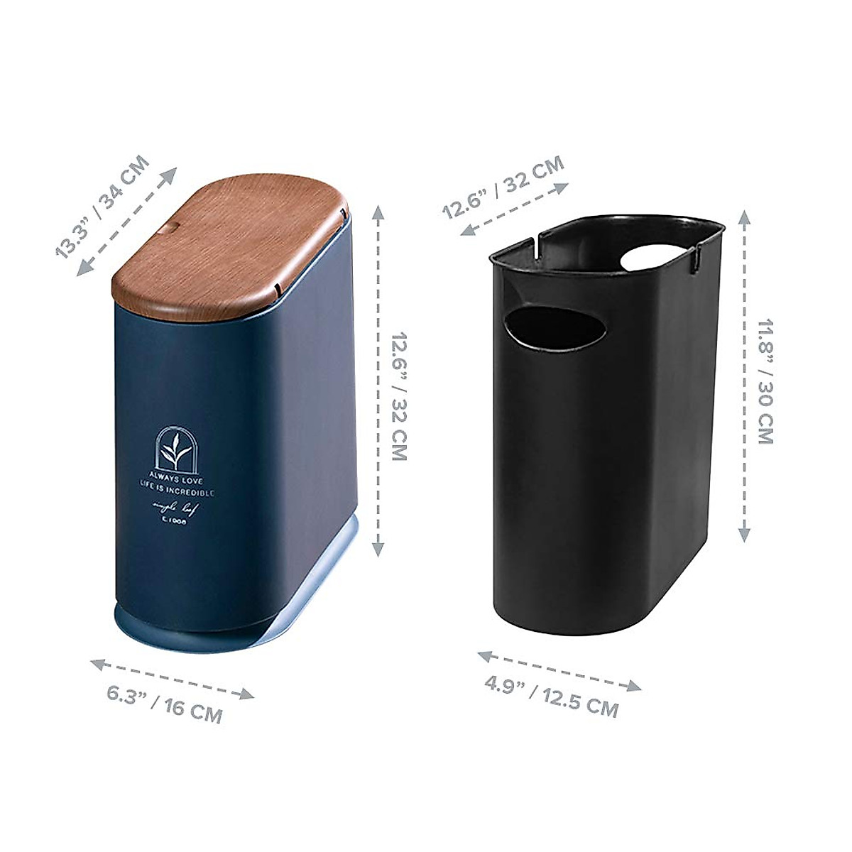 3.2Gal/12.1L Oval Slim Trash Can - Nordic Style Garbage Can with Lid - Blue Plastic Trash Can w/ Press Top Wood Grain Lid - Space Saving Kitchen Trash Can w/ Double Barrel Removable Plastic Bin Liner