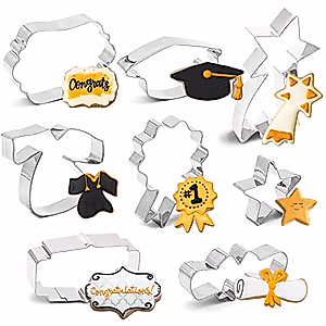 Moukiween Graduation Cookie Cutter Set -Graduation Cap, Diploma, Medallion ,Star,Gown,Plaque Frame,Shooting Star Cookie