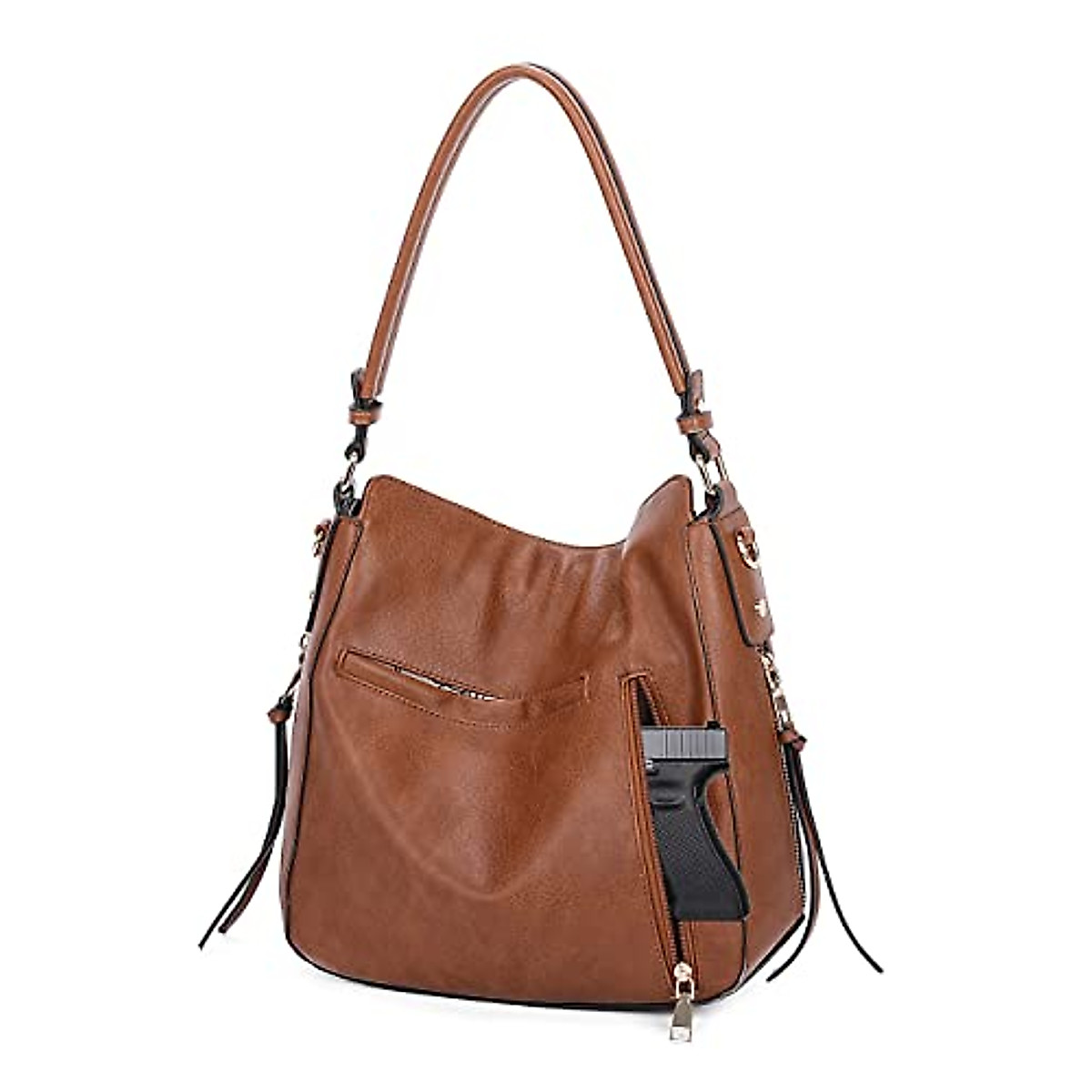 Concealed Carry Hobo Bag Crossbody Purse Shoulder Bag Hand Bag Wallet Studded Faux Leather Women Tote Bag (Brown)