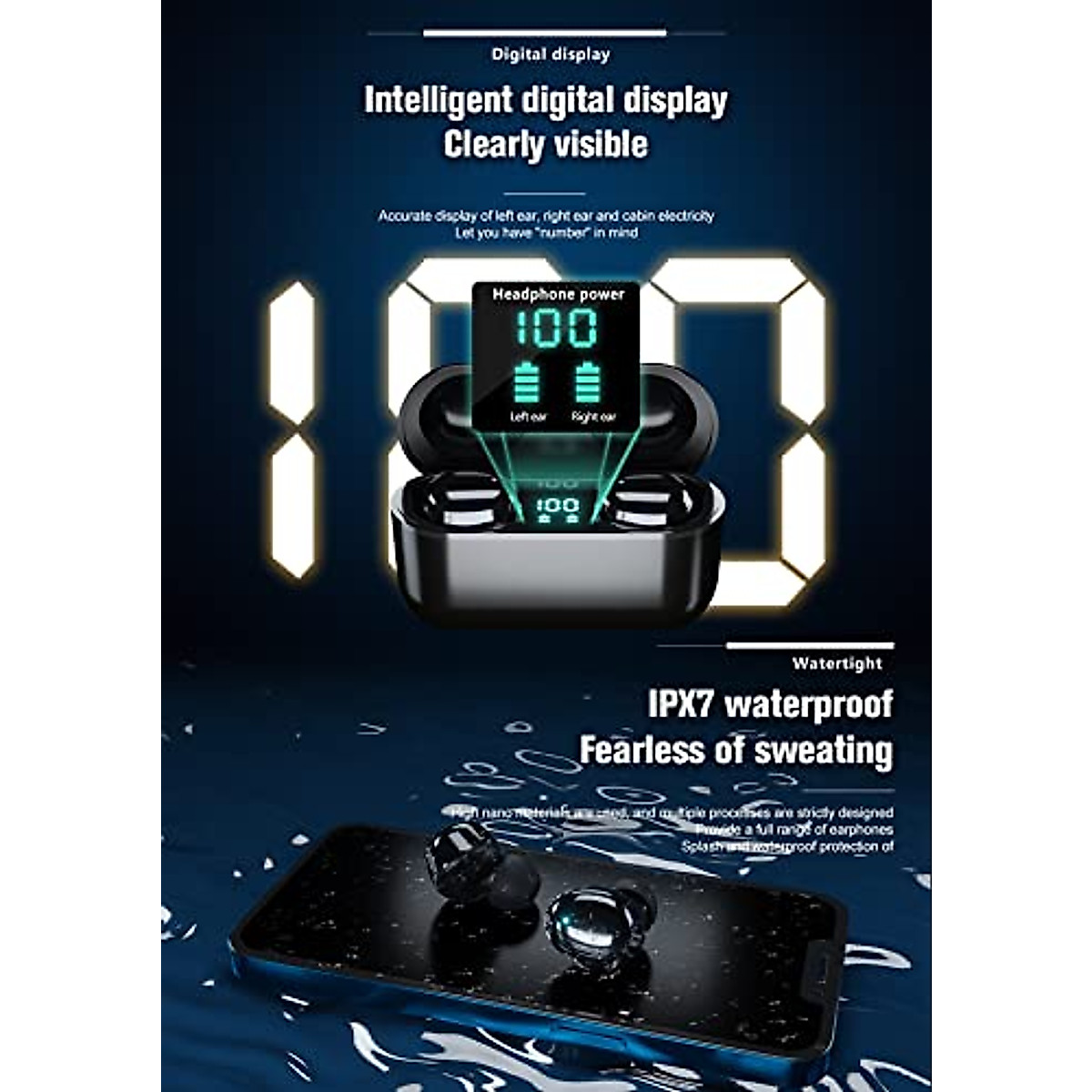 RISTARWH Bluetooth Earbuds V5.3 Headphones Ture Wireless Earphones, IPX7 Waterproof in-Ear Headsets, Built-in Mic in-Ear Headsets Deep Bass for Sport/Gaming/Workout