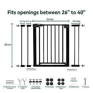 BABELIO 26-40 Inch Easy Install Extra Wide Pressure Mounted Metal Baby Gate, No Drilling, No Tools Required, with Wall Protectors and Extenders (Black)