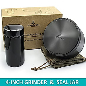 JENOJEMI Grinder Set - 4" Grinder With Aluminum Magnetic Lid UV Seal Glass Jar (Black Set)