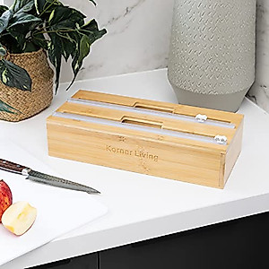 KORNER Living 2 in 1 FOIL, WRAP, Wax Paper Dispenser with Cutter. Kitchen ROLL Organiser. FOIL, WRAP, Wall Mount. Bamboo Organiser. Kitchen Drawer Organiser. Minimalist Organiser, 12 INCHES WIDE