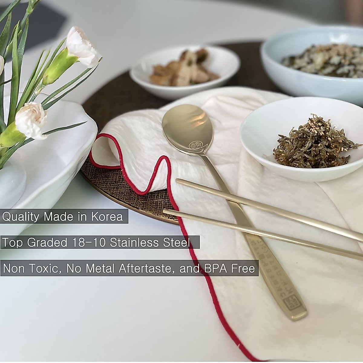 cozymomdeco Korean Made Chopsticks Spoon Set with Korean Letter Hangul Engraved Gold Color 18-10 Stainless Steel Stocking Stoffer Gift for Mom