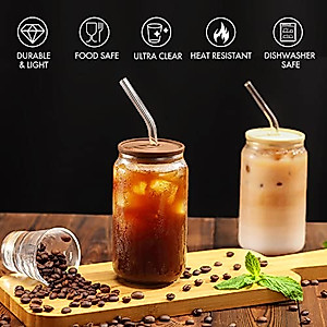 Glass Cups with Silicone Lids and Straws, 4pcs Set 16oz Beer Can Shaped Drinking Glasses, Cute Iced Coffee Glass Cups with 2 Cleaning Brushes, Perfect for Cocktail, Soda, Juice, Whiskey, Gift