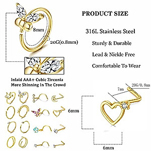 EVISPOL 16Pcs 20G Nose Piercing Jewelry for Women Men, Stainless Steel Nose Rings Hoops CZ Nose Studs Butterfly Moon Nose Screws L Shape Nose Piercings (Gold-16Pcs)