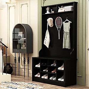 Homsee Modern Hall Tree with Storage Bench, 4-in-1 Entryway Bench with Coat Rack, Tall Hall Tree with 7 Metal Hooks, Shelves & 10 Cubes for Hallway, Living Room, Black (39.4”L x 15.7”W x 68.5”H)