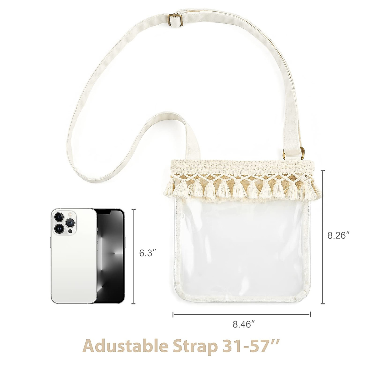 Mkono Clear Bag Stadium Approved Boho Clear Crossbody Purse with Macrame Tassel PVC Transparent Shoulder Bag for Concerts, Festivals, Gym or Work