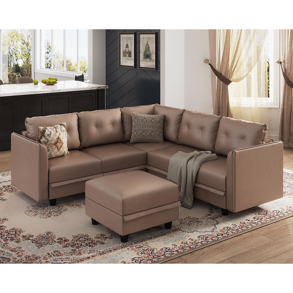 LLappuil Modular Sectional Sofa, Convertible L Shaped Sectional Couch with Storage, Faux Leather Fabric, Modular Sectionals with Chaise, 6 Seats Sofas for Living Room, Cognac Brown