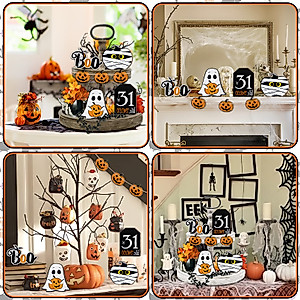 Guoofu Halloween Tiered Tray Decor, Farmhouse Tray Decorations, Funny Boo Ghost Mummy Pumpkin Wooden Signs, Halloween Scary Home Decor for Tabletop Shelf Mantel Party