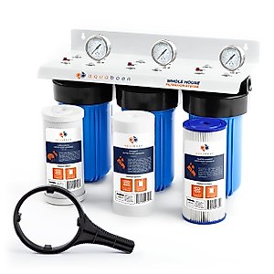 Aquaboon 3-Stage Whole House Water Filter System w/Wrench, Iron White Coated Bracket & Pressure Gauges & Release Buttons (1" Port) - w/10"x 4,5" СTO & PP Polypropylene & Pleated Sediment Water Filters