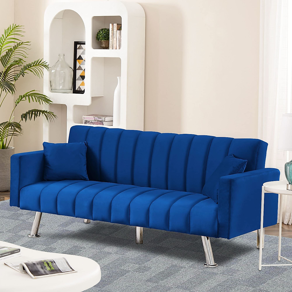 AWQM Sofa Bed, Upholstered Convertible Sofa Bed with 2 Pillows, Modern Velvet Sleeper Sofa Couch with Wooden Frame and Metal Legs, Small Couch for Living Room Bedroom Office (Blue)