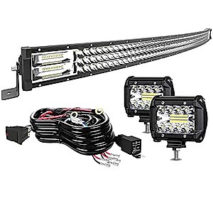 LED Light Bar TURBO SII 40/42 Inch 576W Curved Triple Row Flood Spot Combo Beam Offroad Driving Light + 4 Inch 60W Led Pod Lights w/3-Leads Wiring Harness for Trucks ATV UTV Polaris Boats