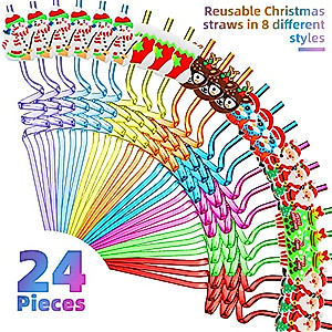 24 Pieces Christmas Drinking Straws with Cartoon Decorations, Christmas Drinking Plastic Straws Reusable, Christmas Party Swirly Straws Beverages Straws for Christmas Birthday Party Favors, 6 Styles