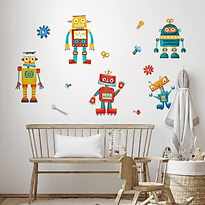 Yovkky Robots Educational Wall Decals Stickers, Bulb Gear Baby Boys Room Nursery Playroom Decor, Clockwork Wrench Toddler Kids Bedroom Home Classroom Decorations Art