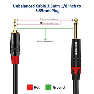 DREMAKE Mono 6.35mm to 3.5mm Stereo Audio Cable 3FT, Stereo 3.5mm Plug to TS 6.35mm Patch Cord, TS 1/4 Inch 6.35mm Male to 1/8 Inch 3.5mm Male Interconnect Cable for Phones, Sound Card, PA Audio