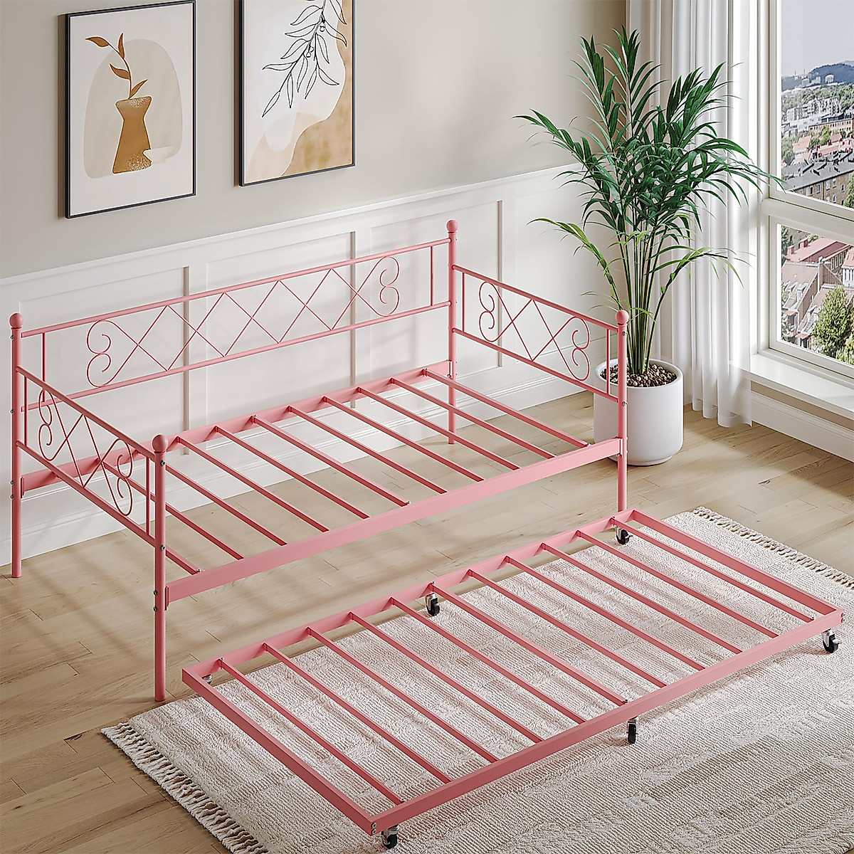 GarveeHome Twin Metal Daybed with Trundle, Premium Steel Slat Support, Space Saving Trundle Sofa Bed for Living Room, Bedroom and Guest Room, Pink