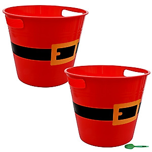 FSSTAM 8.32" Christmas Bucket, Plastic Santa Belt Buckets Red Round Tubs with Handles for Parties Storage Classroom Party Favors, Christmas Decorations, Pack of 2(with Exclusive FSSTAM Booskie)