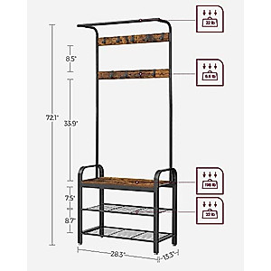 VASAGLE Coat Rack, Hall Tree with Shoe Bench for Entryway, Entryway Bench with Coat Rack, 4-in-1, with 9 Removable Hooks, a Hanging Rod, 13.3 x 28.3 x 72.1 Inches, Rustic Brown and Black UHSR40B