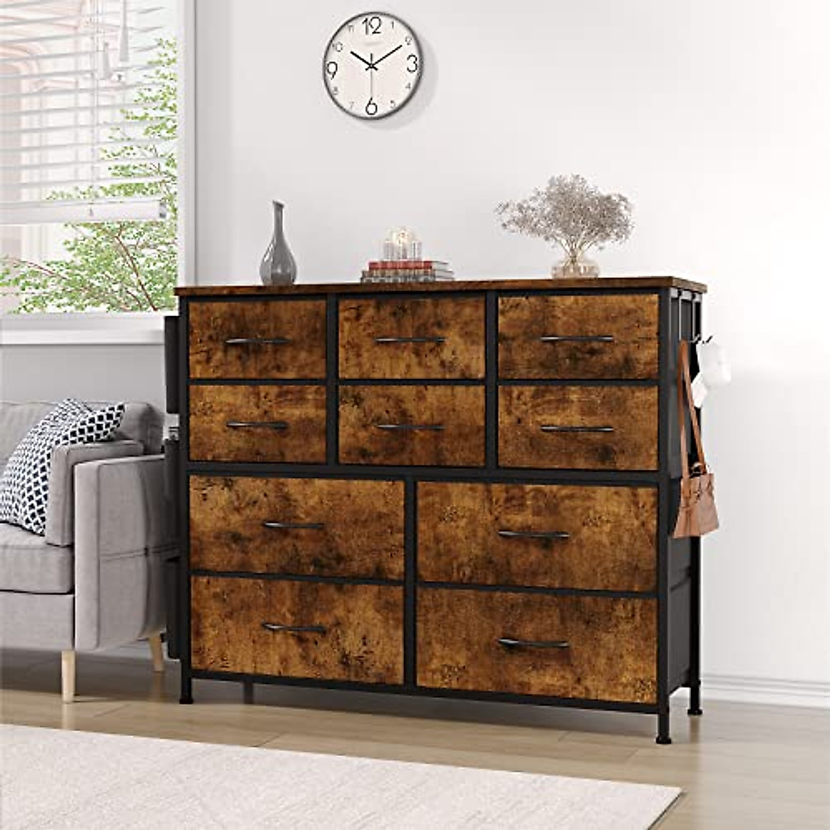 Jojoka Dresser for Bedroom with 10 Drawers, Dressers & Chest of Drawers, Long Fabric Storage Drawer with Wood Tabletop for Kids Room, Closet, Hallway, Entryway (Rustic Brown)