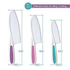 Ragazzacucine Kids Knife Set of 3 - Firm Grip, Serrated Edges & Safe – Colorful Nylon Toddler Cooking Knives to Cut Fruits, Salad, Cake, Lettuce (PurpleMulti)
