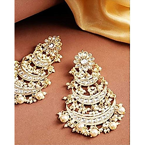 I Jewels Gold Plated Indian Wedding Bollywood Stunning Antique Finish Chandbali Kundan & Pearl Earrings for Women (E2859)