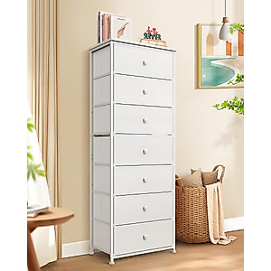 Tall Fabric Dresser for Bedroom, Vertical Storage Organizer Tower with 7 Drawers, Chest of Drawers with Bins, Steel Frame, Wood Top for Bedroom, Closet, Entryway White