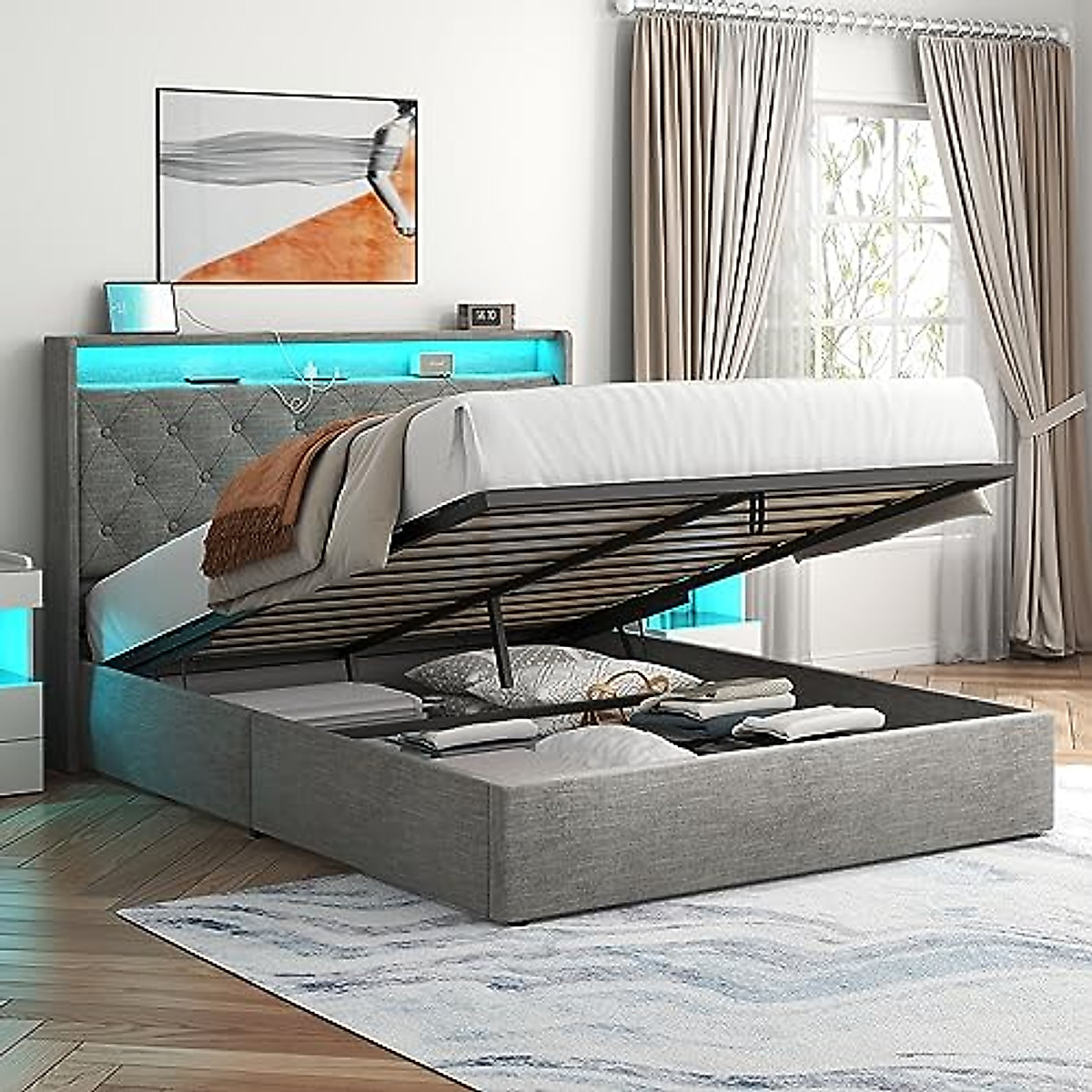 Loomie Queen Lift Up Bed Frame with Charging Station & LED Lights, Upholstered Bed with Button Tufted Wingback Storage Headboard, Hydraulic Storage, No Box Spring Needed, Wood Slats Support,Light Grey