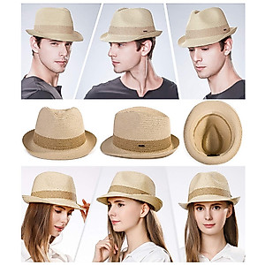 Fancet Extra Large XL Men Women Packable Straw Fedora Panama Sun Summer Beach Derby Hat Cuban Trilby Nature Beige