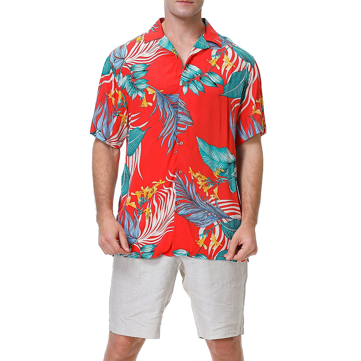 Damipow Hawaiian Shirts for Men Short Sleeve Aloha Beach Shirt Floral Summer Casual Button Down Shirts,Orange49690,4,M
