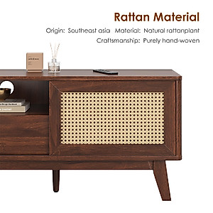 Boho Natural Rattan TV Stand 70 Inch for Living Room, Mid Century Modern TV Stand with Storage & Detachable Drawers,Farmhouse Media Console Entertainment Center with Hand Made Rattan Doors