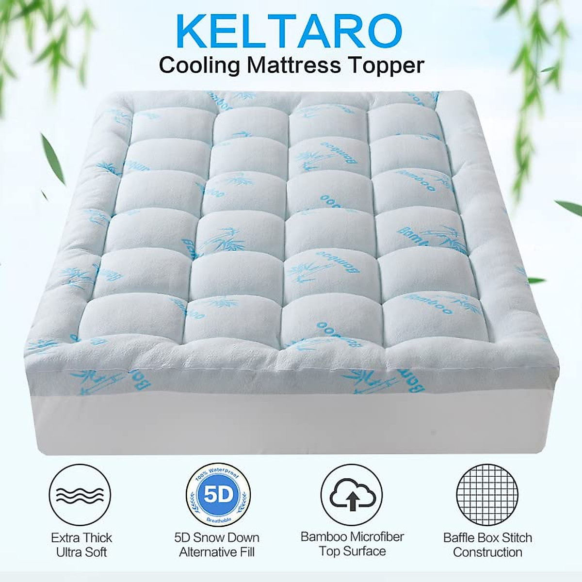 KELTARO Extra Thick Bamboo Mattress Topper King Size Bed,Cooling Mattress Pad Cover Plush Soft Noiseless Down Alternative Fill,with 8-21" Deep Pocket
