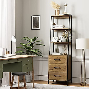 HITHOS 4-Tier Bookshelf, Tall Bookcase with 3 Wooden Drawers, Modern Ladder Book Shlef Storage Organizer for Living Room, Entryway, Office, Rustic Brown