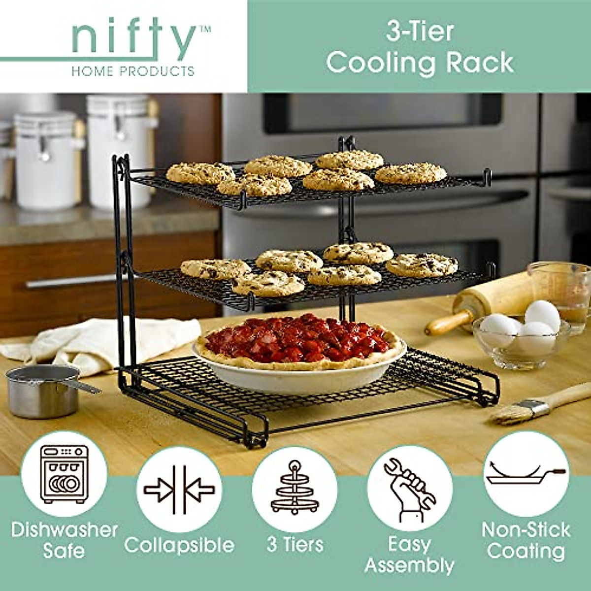 Nifty 3-Tier Cooling Rack – Non-Stick Coating, Wire Mesh Design, Dishwasher Safe, Collapsible Kitchen Countertop Organizer, Use for Baking Cookies, Cakes, Pies