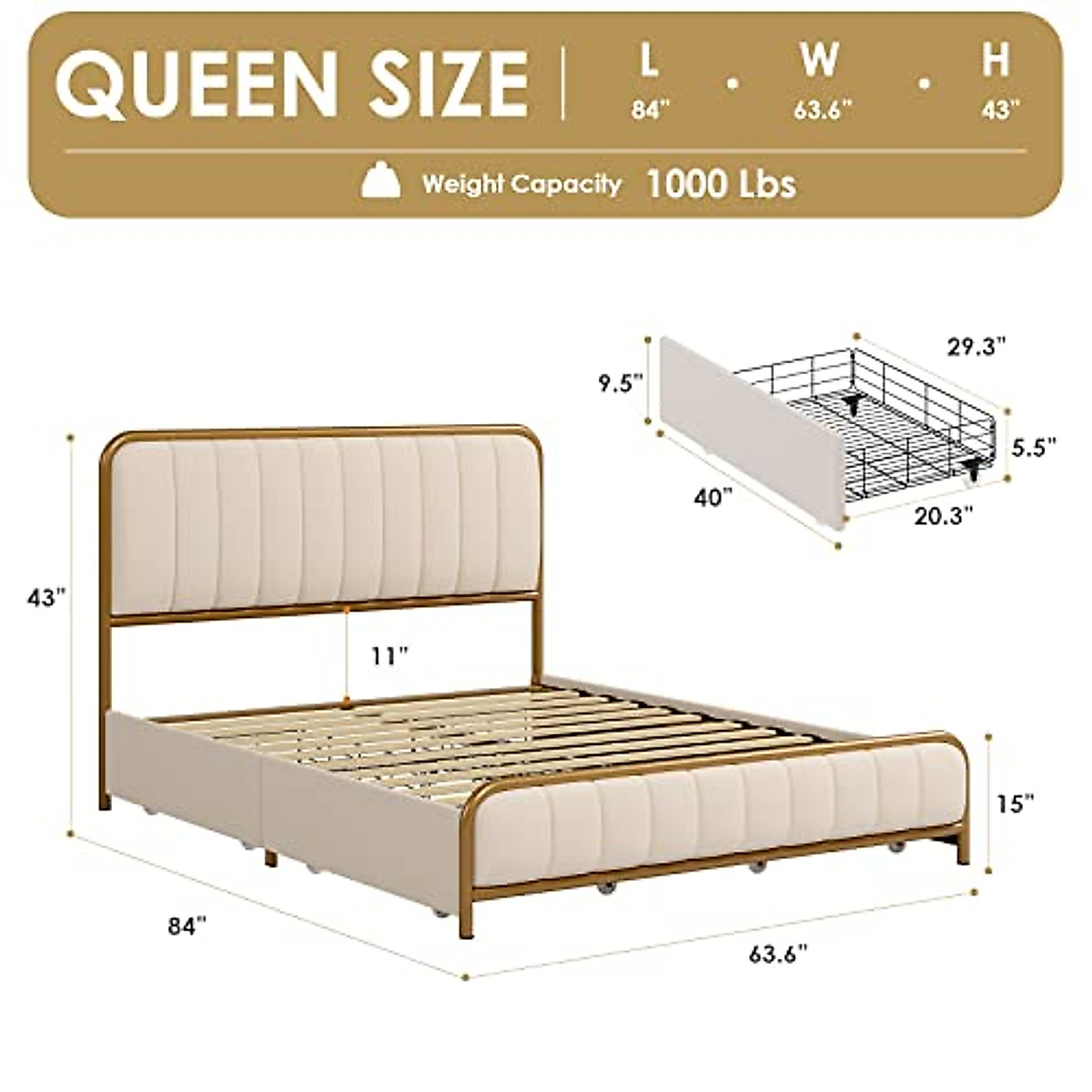 HITHOS Upholstered Queen Size Bed Frame with 4 Storage Drawers and Headboard, Heavy Duty Metal Mattress Foundation with Wooden Slats, Easy Assembly, No Box Spring Needed (Golden/Off White, Queen)