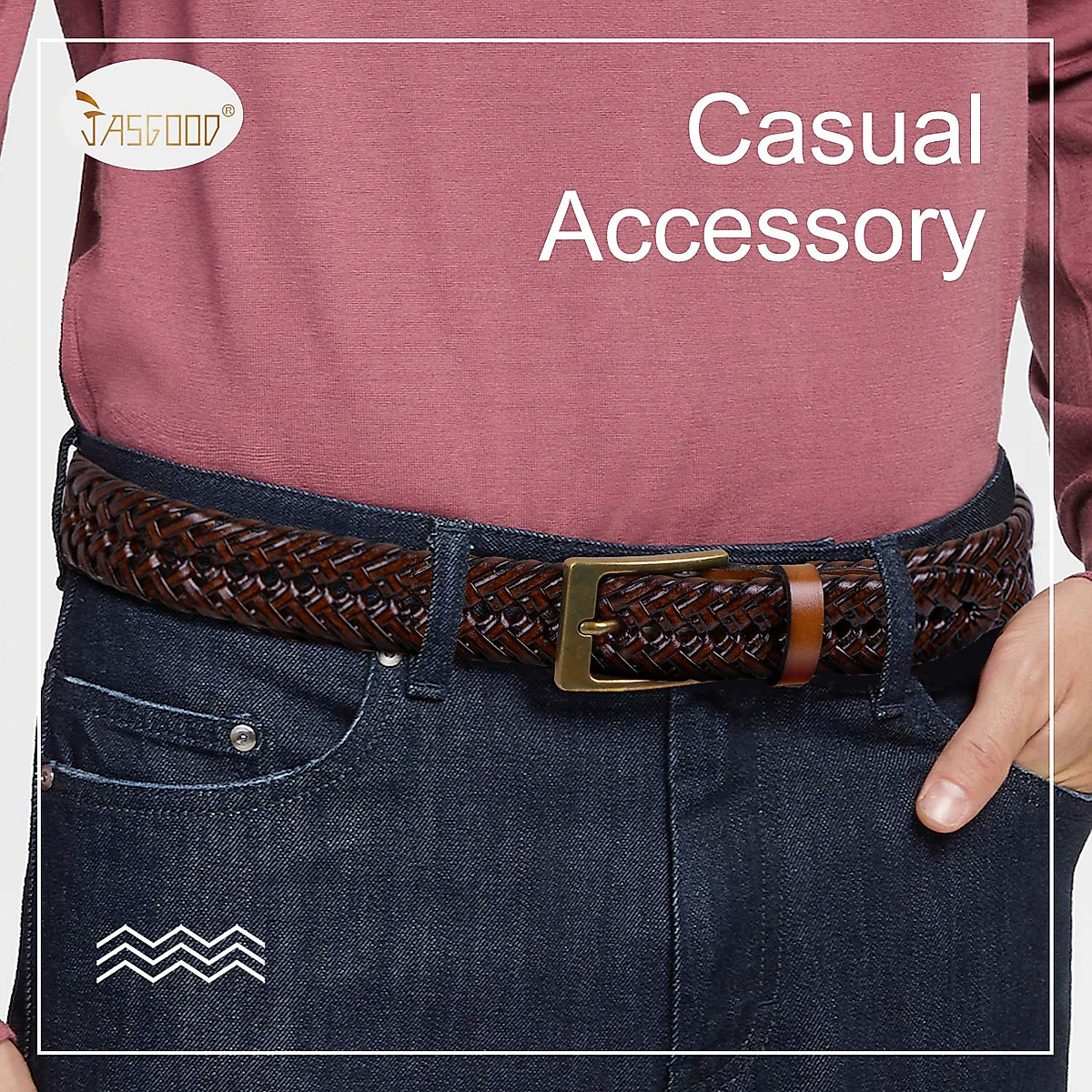 JASGOOD Men's Braided Leather Belt, Braided Woven Belt for Men Casual Jeans with Solid Strap Single Prong Buckle (B-Brown,Suit for Pant Size 38-42 inch)