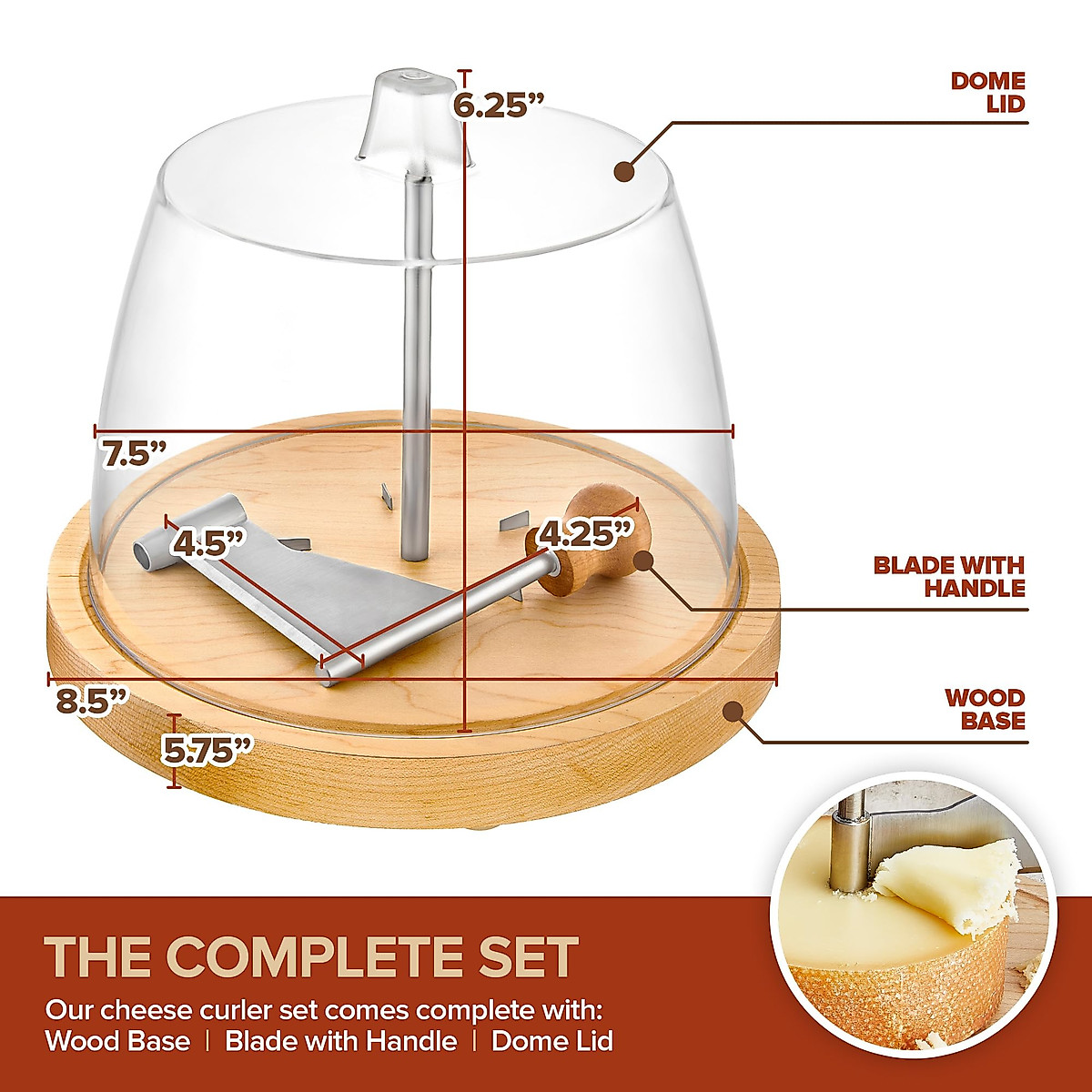 Modern Innovations Cheese Curler, Tete de Moine Cheese Curler, Cheese Shaver for Hard Cheese and Chocolate, Girolle Cheese Shaver, Wood Cheese Curler with Stainless Steel Knife and Acrylic Lid