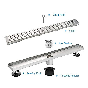 Elefloom Linear Shower Drain, Shower Drain 24 inch with Removable Grate Cover, Professional AISI 304 Stainless Steel Shower Floor Drain, Shower Drain with Hair Catcher and Leveling Feet