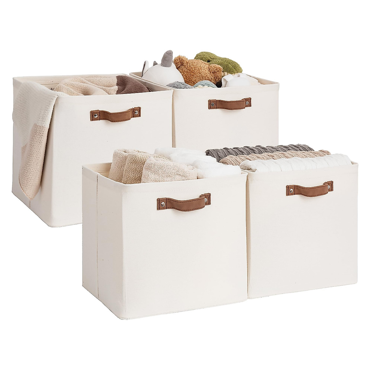 StorageWorks 13x13 Storage Cubes, Collapsible Storage Bins Organizer for Closet, Fabric Storage Box with PU Handles, Beige, 4-Pack
