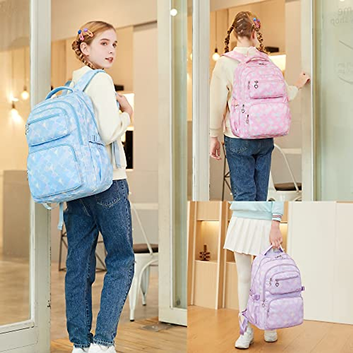 3Pcs Gradient Girls Backpacks Bookbags Set for School with Matching Insulated Lunchbox and Pencil Case