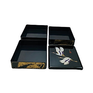 JapanBargain 4119, Jubako Box Japanese Traditional 3 Tiers Stack Box Food Candy Snack Container Bento Box Made in Japan, Plastic Lacquered, Black Crane