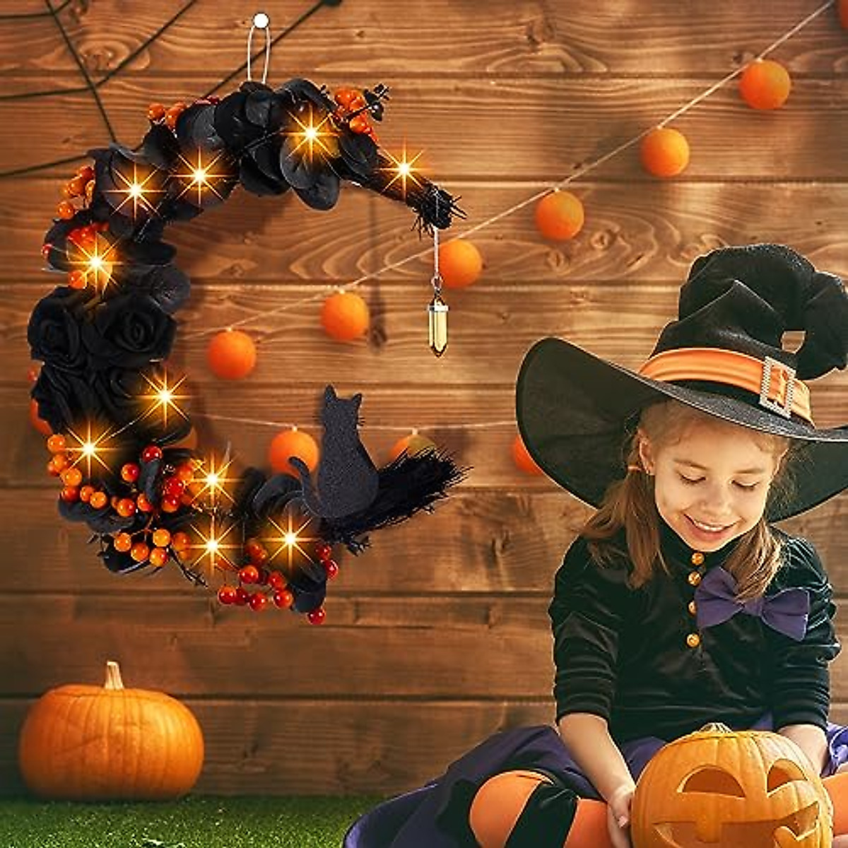 Ceenna Halloween Wreaths Moon Cat Wreath with Rose Cat Door Wreath Cute Cat Garland Light up Moon Cat Wreath with Rose for Front Door Indoor Outdoor Window Farmhouse Porch Wall (Orange Berry)