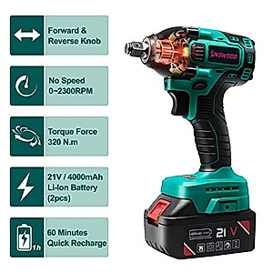 KINSWOOD 20V Cordless Impact Wrench 1/2 inch, Powerful Brushless Motor, Max 320 Torque ft-lbs, 3.0A Li-ion Battery, 4Pcs Driver Impact Sockets, Fast Charger (2 Battery)