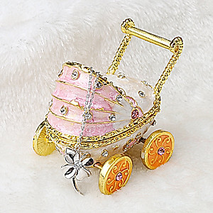 YU FENG 2.5'' Baby Pink Carriage Stroller Shaped Jewelry Trinket Boxes Hinged,Hand-painted Enameled Decorative Box Jewelry Ring Holder Organizers For Women,Girls