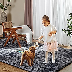 Luxury 8x10 Large Area Rugs for Living Room, Super Soft Fluffy Modern Bedroom Rug, Big Indoor Thick Soft Nursery Rug, Non-Skid Nursery Faux Fur Carpet for Kids Room Home Décor, Tie-Dyed Dark Gray