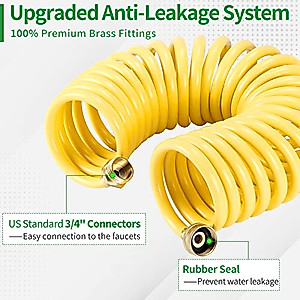 Yereen Coil Garden Hose 25FT, EVA Recoil Garden Hose, Self-coiling Water Hose with 3/4" Brass Connector Fittings with 8 Function Spray Nozzle, Creamy Yellow