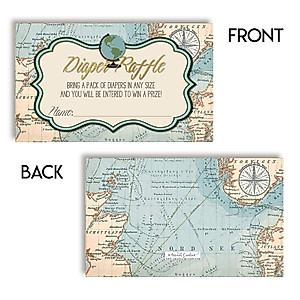 Adventure Awaits World Traveler Gender Neutral Diaper Raffle Tickets for Baby Showers, 20 2" X 3” Double Sided Inserts, Bring a Pack of Diapers to Win Favors & Prizes!