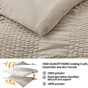 palassio Seersucker Beige King Size Comforter Set, 3 Pieces Soft Washed Microfiber Tan with 2 Pillow Cases, Cream Fluffy Down Alternative Bedding for All Season 104x90 inches
