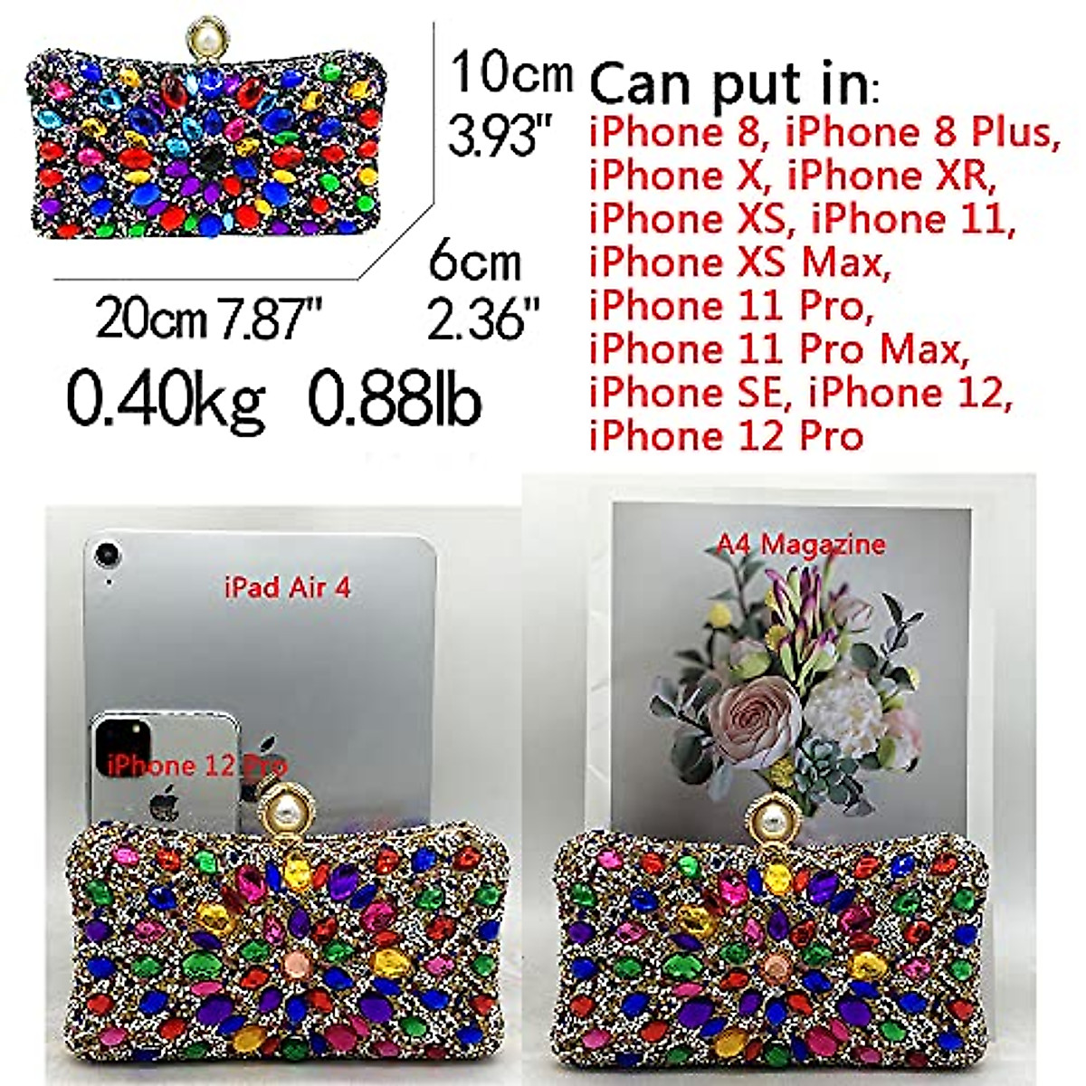 Boutique De FGG Pearl Clasp Colorful Gold Crystal Clutch Purses for Women's Evening Handbags Wedding Party Rhinestone Bag